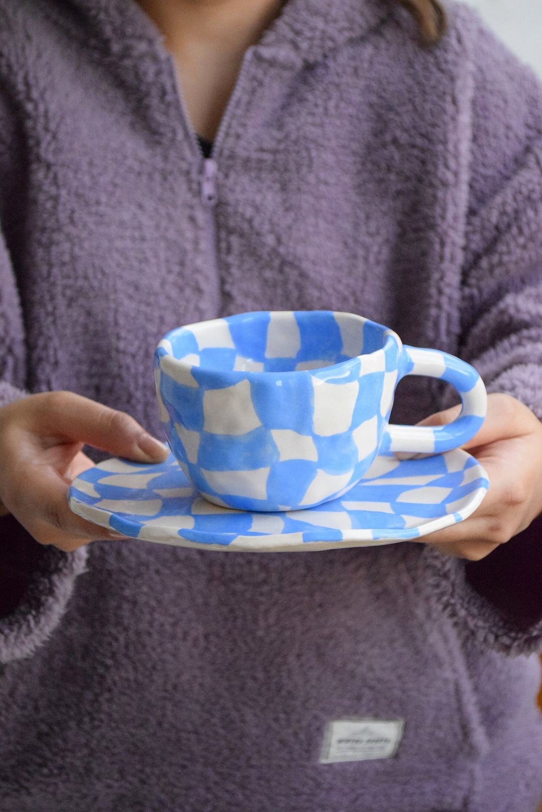 Light Blue Checkered Mug Saucer Set Handmade Ceramic Unique Coffee Cup ...