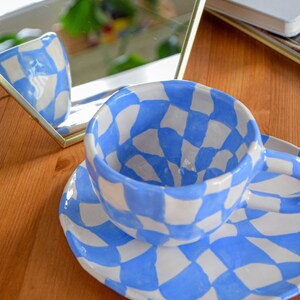 Light Blue Checkered Mug Saucer Set Handmade Ceramic Unique Coffee Cup ...
