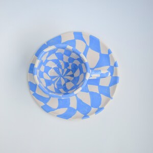 Light Blue Checkered Mug Saucer Set Handmade Ceramic Unique Coffee Cup ...