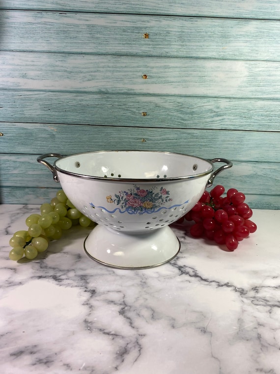 Vintage Enameled Pedestal Colander With Rose and Ribbon Floral | Etsy