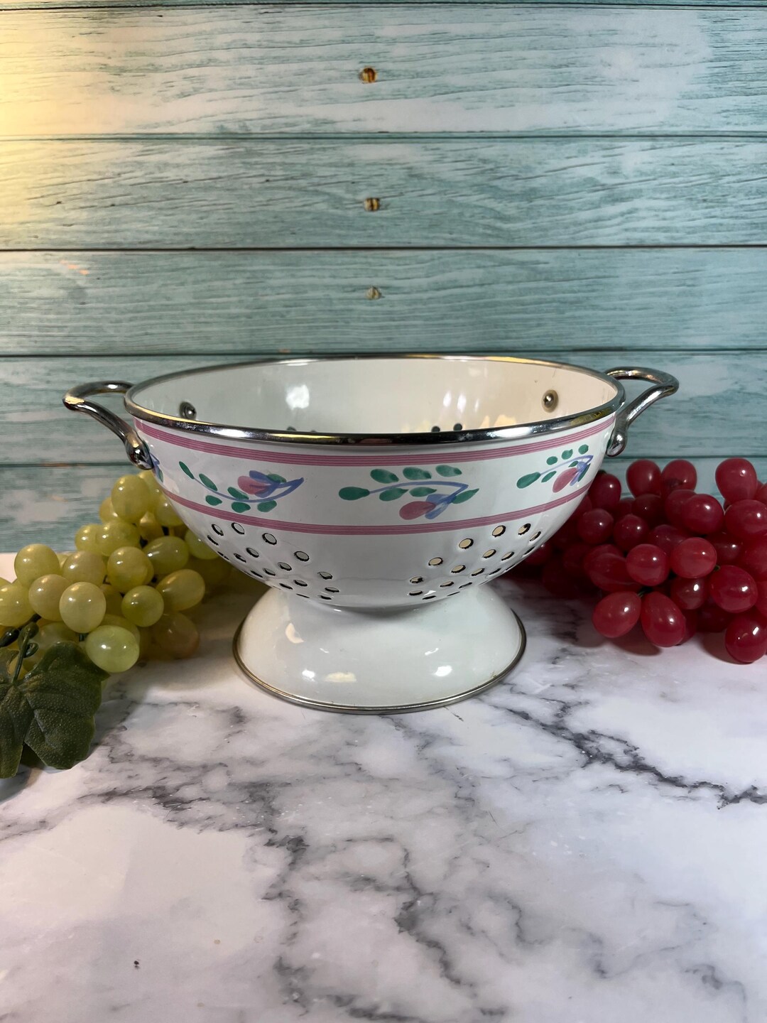 Vintage Enamelware Colander With Handles | Floral Enamel Strainer Bowl ...