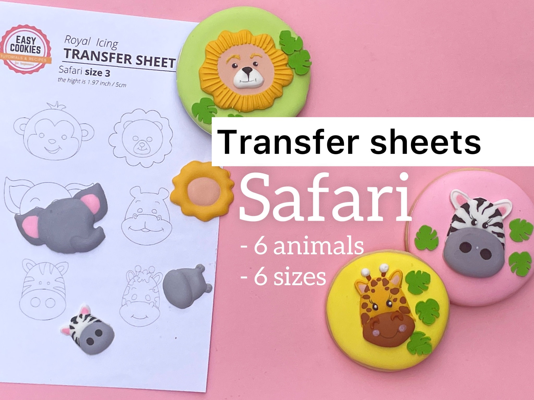 Safari Icing Transfer Sheet 6 Animals- 6 Sizes, Lion Zebra Giraffe ...