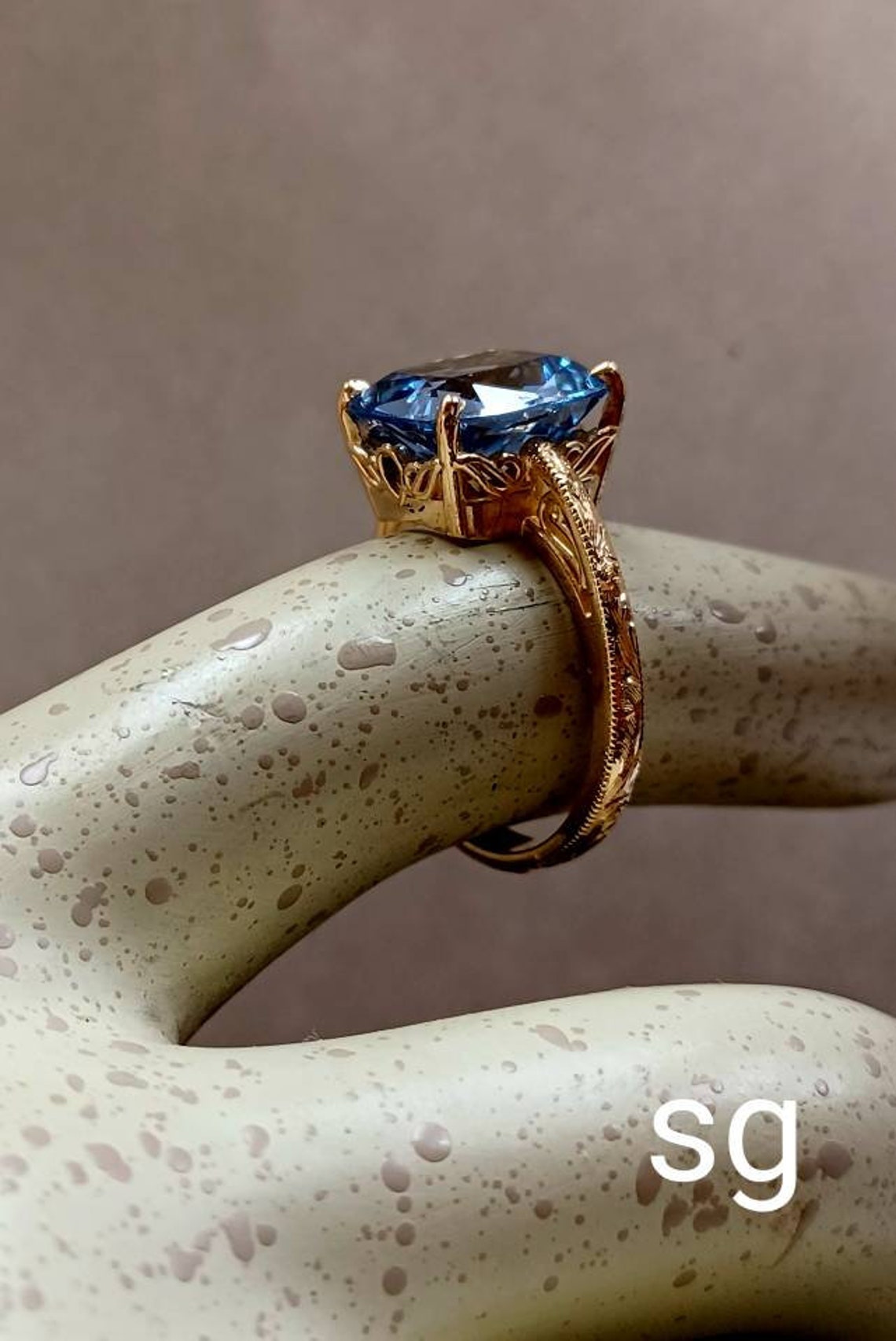 14k Yellow Gold Large Blue Topaz Cushion Cut Filigree - Etsy