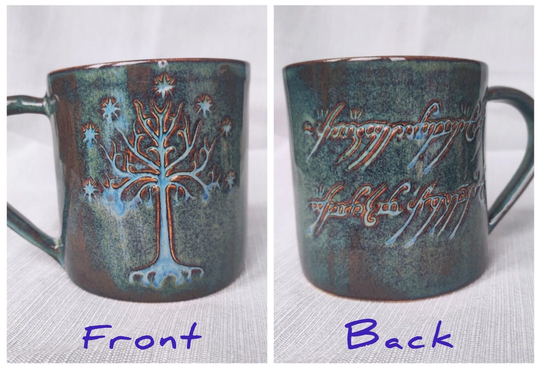 White Tree & Elvish Inscription Handmade Mug, Hand Carved for Fantasy ...