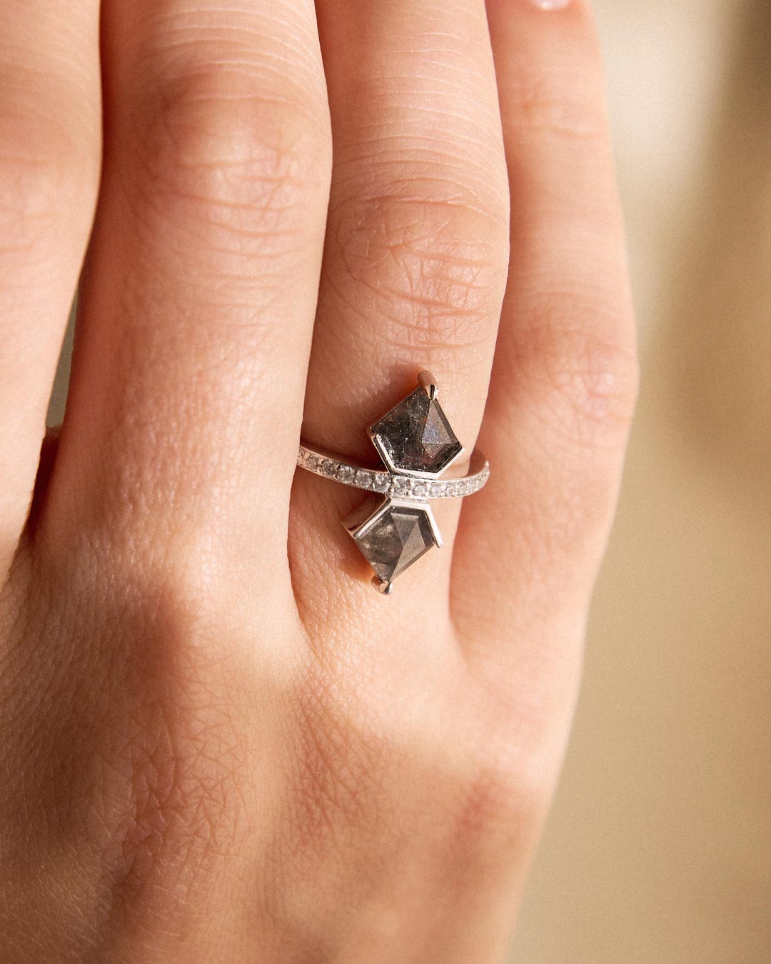 Toi Et Moi Salt & Pepper Diamond Ring | 18K White Gold Shield Pair - Etsy