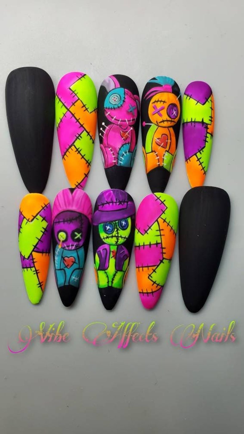 Stitch & Spell • Voodoo Neon Press-on Nails • Hand-painted Patchwork ...