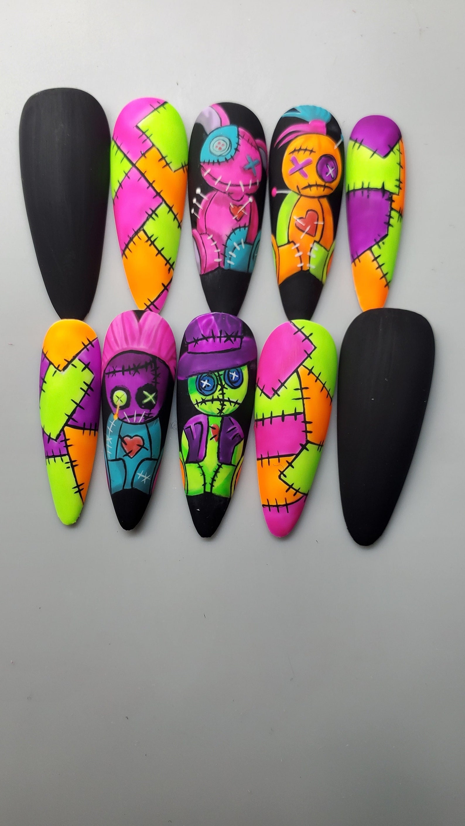 Stitch & Spell • Voodoo Neon Press-on Nails • Hand-painted Patchwork ...