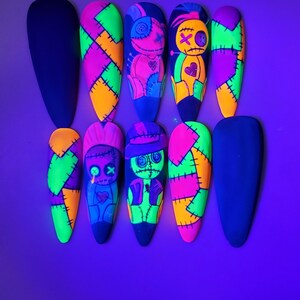 Stitch & Spell • Voodoo Neon Press-on Nails • Hand-painted Patchwork ...
