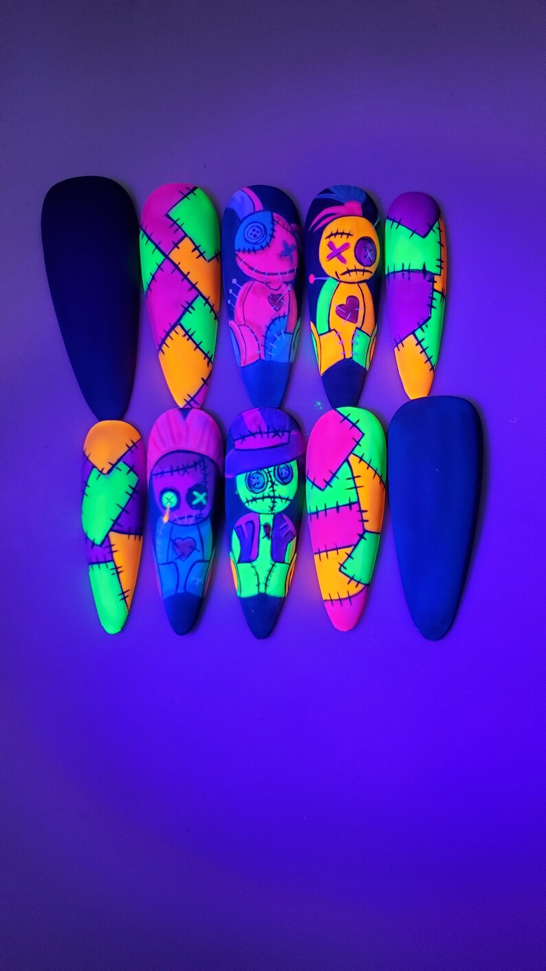 Stitch & Spell • Voodoo Neon Press-on Nails • Hand-painted Patchwork Nails With Neon Voodoo Doll ...