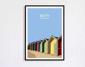 The Beach Huts at Blyth, Northumberland Illustration Print Seaside Gift ...
