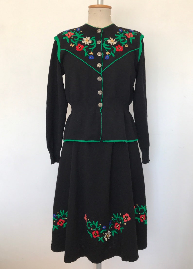 Vintage 1940s 1950s Austrian Embroidered Bavarian Cardigan and Skirt ...
