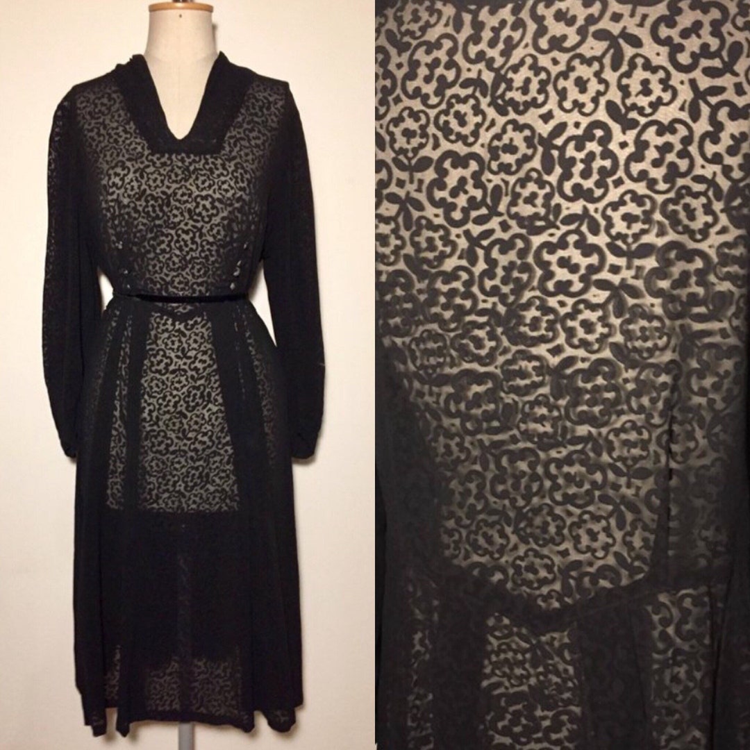 Vintage 1940s Dress Black Devore Illusion L - Etsy