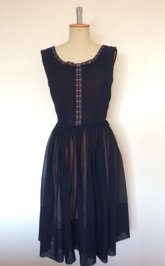 Vintage 1940s / 1950s Sheer Navy Dress - Gem