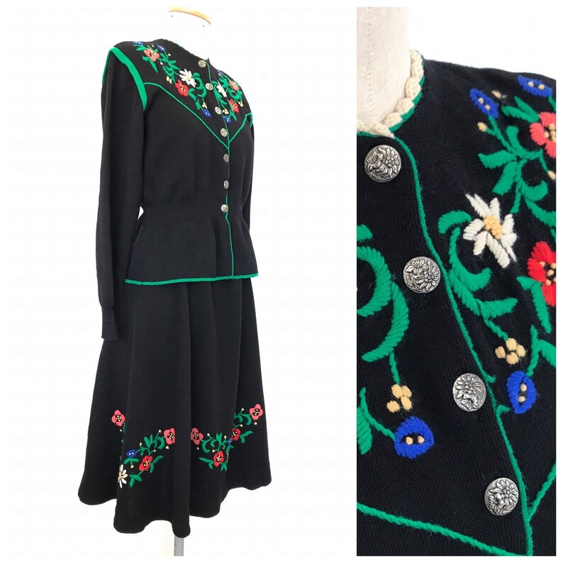 Vintage 1940s 1950s Austrian Embroidered Bavarian Cardigan and Skirt ...