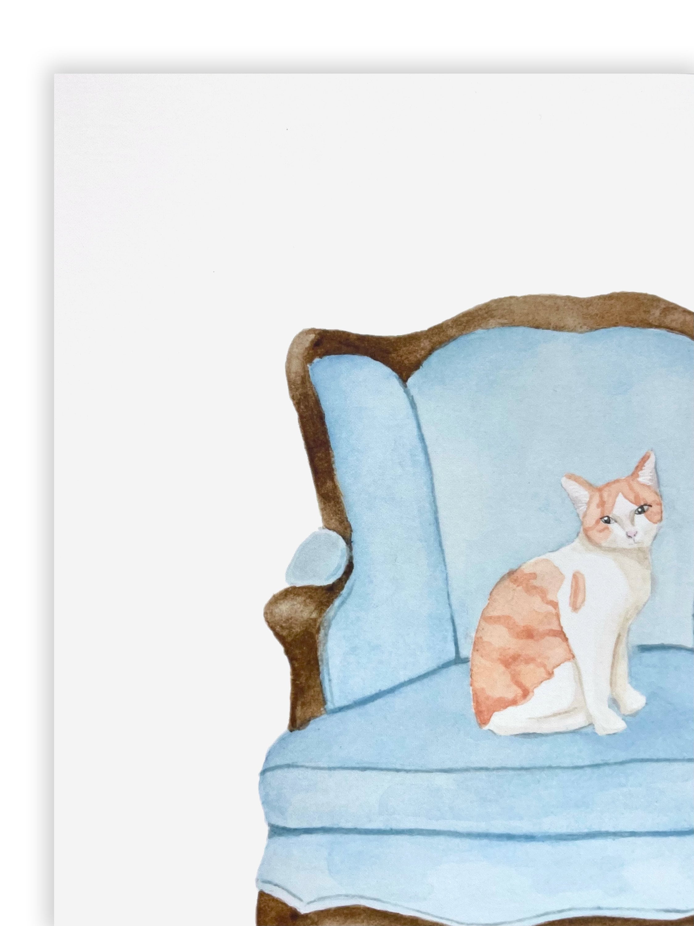 Cat in Chair Giclee Watercolor Print Cat in Vintage Blue Chair 8x10 ...