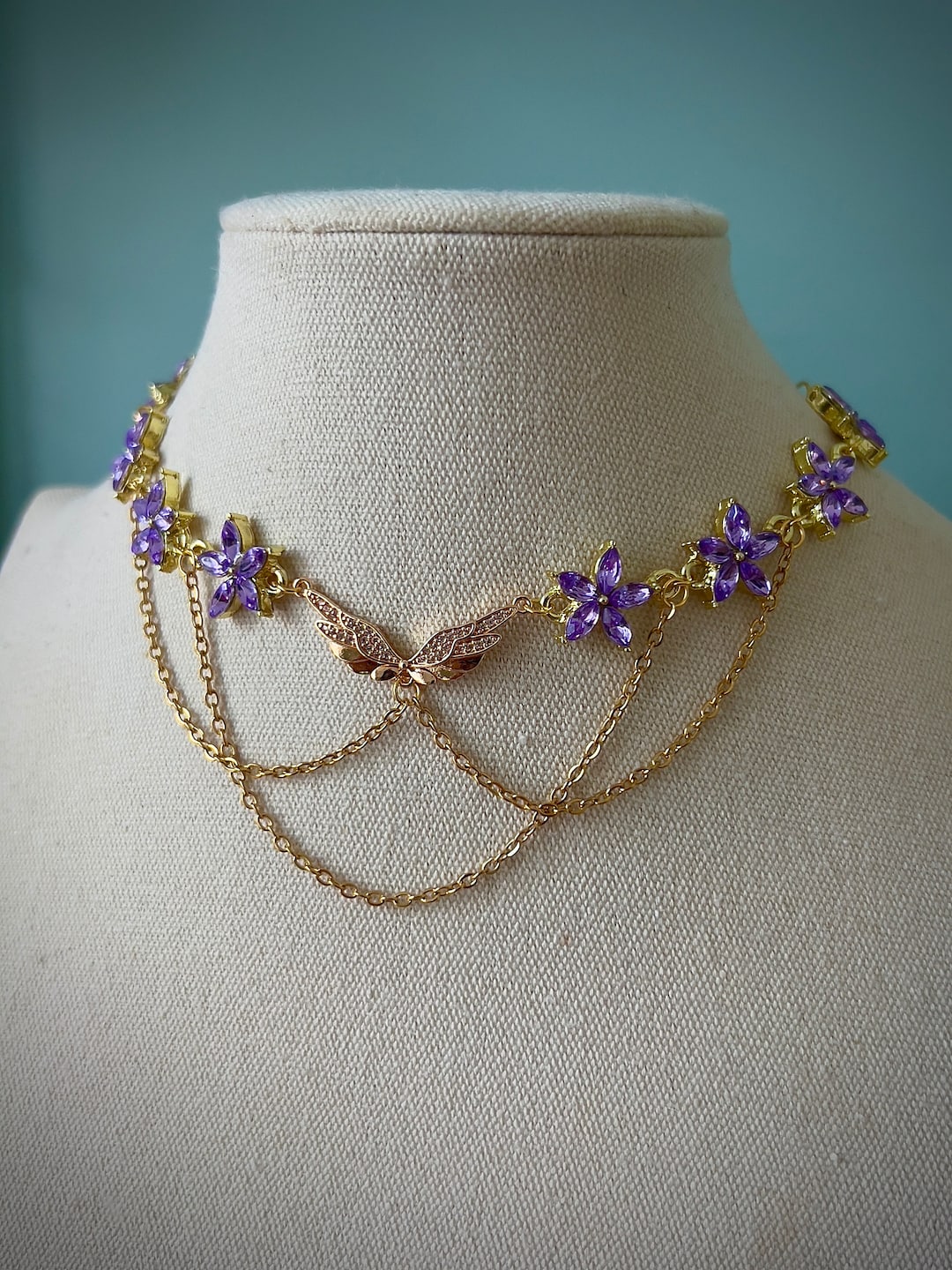 Elegant Purple Flower Butterfly Choker Necklace, Angelic Fairycore ...