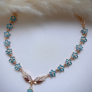 Angelic Blue Flower Choker Necklace, Gold Dainty Angel Wings Regency ...