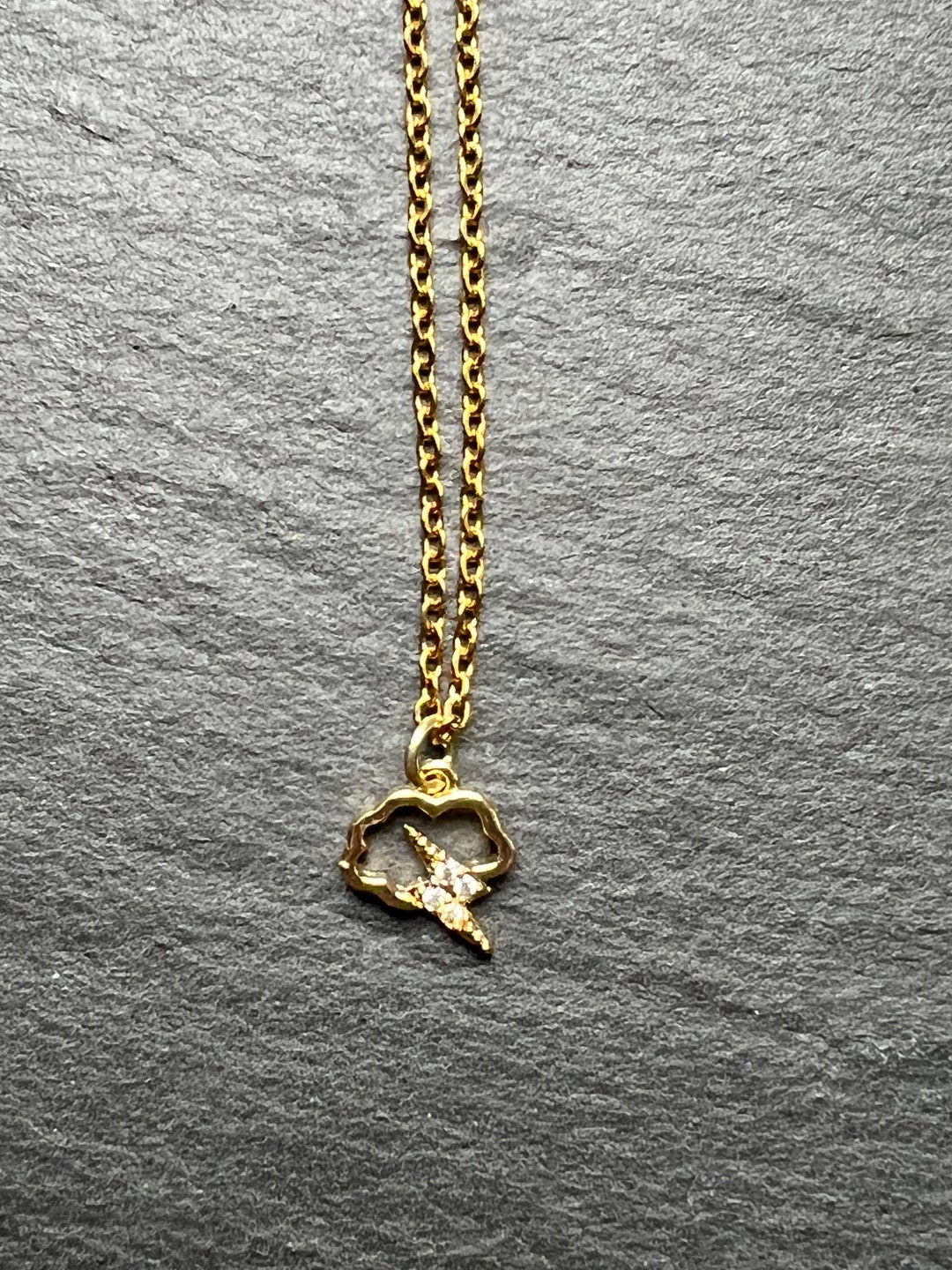 Tiny Cloud Necklace, Mini Lightning Bolt Charm, Gold Thunder Pendant ...