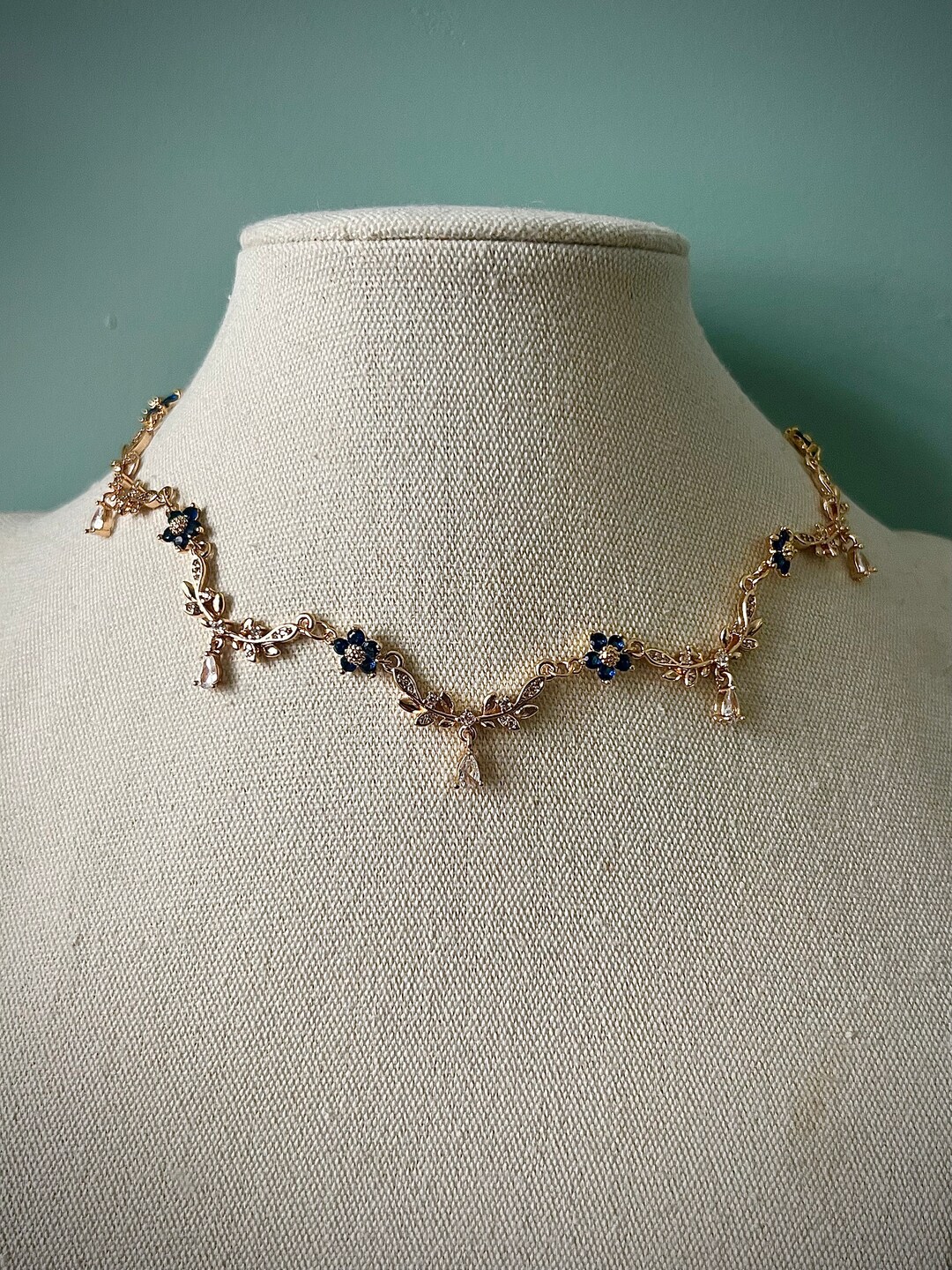 Gold Teardrop Navy Blue Flower Choker Necklace, Elegant Regency Jewelry ...