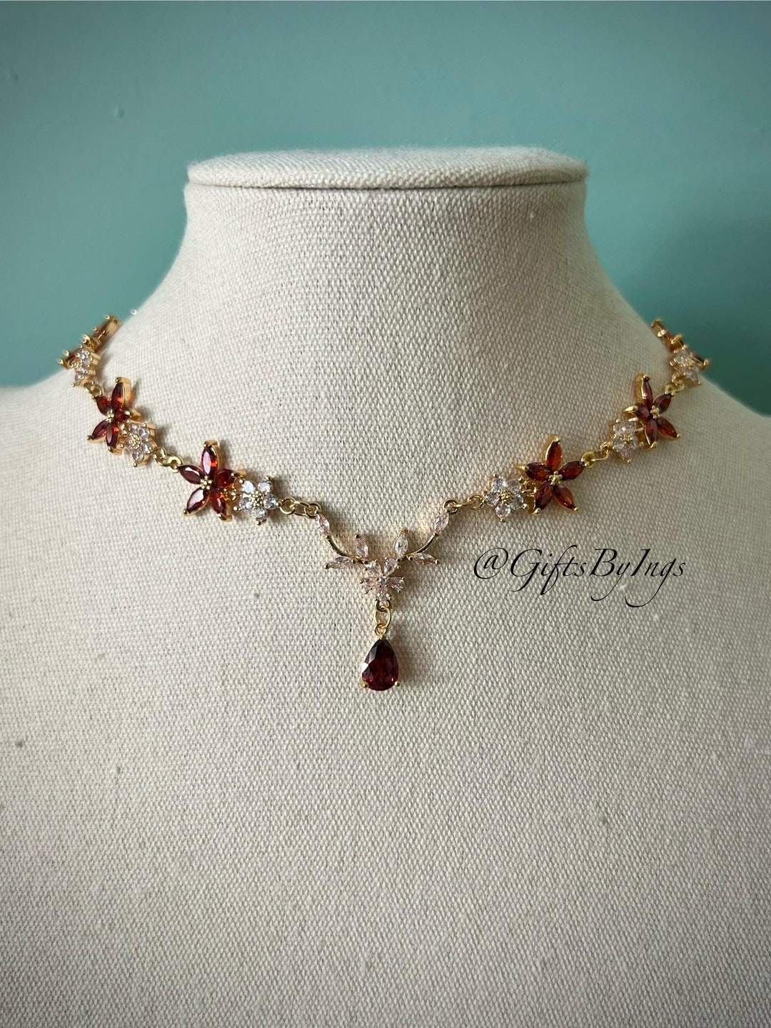 Elegant Ethereal Ruby Red Floral Choker Necklace, Regal Bridal Wedding Gold Choker, Fantasy ...