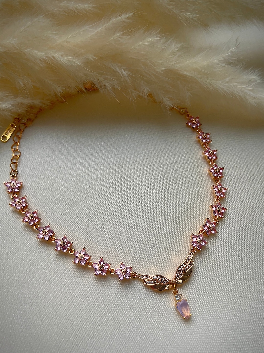 Angelic Pink Flower Choker Necklace, Gold Feathered Angel Wings Choker ...
