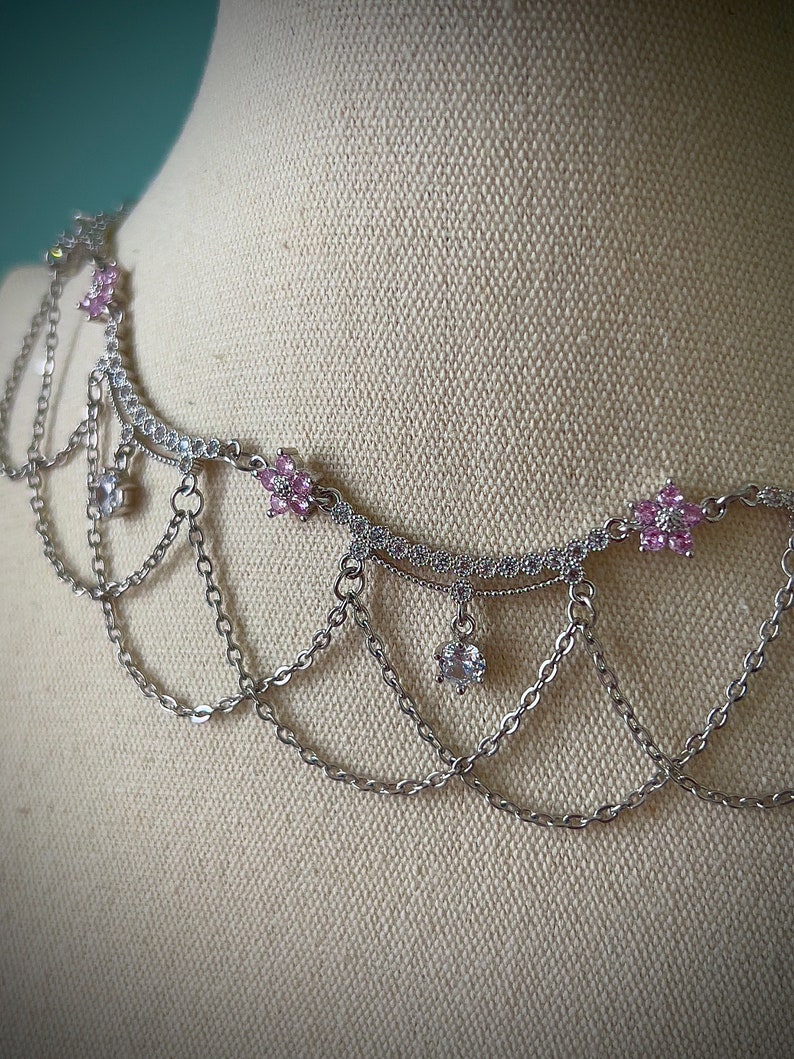 Elegant Royalcore Pink Floral Chained Choker Necklace, Beautiful ...