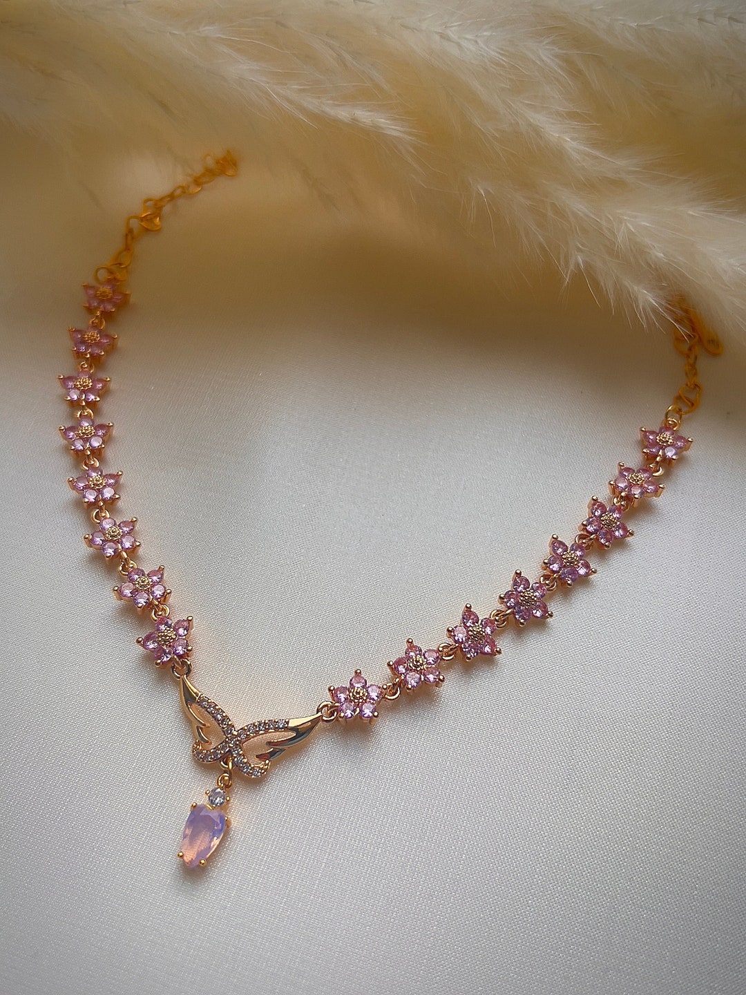Angelic Pink Floral Butterfly Choker Necklace, Delicate Rose Gold ...