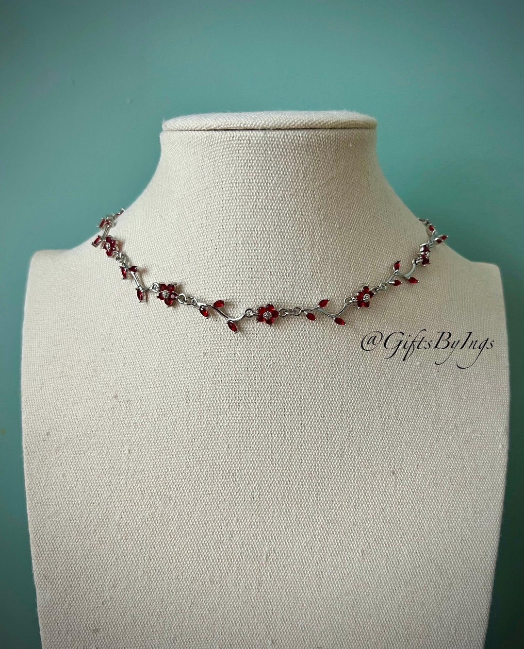 Delicate Ruby Red Leafy Vine Floral Choker Necklace, Elegant Regency ...