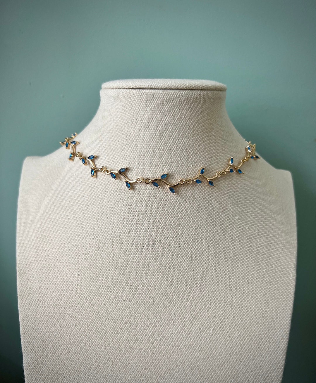 Delicate Light Blue Leafy Vine Choker Necklace, Gold Fairycore Floral ...