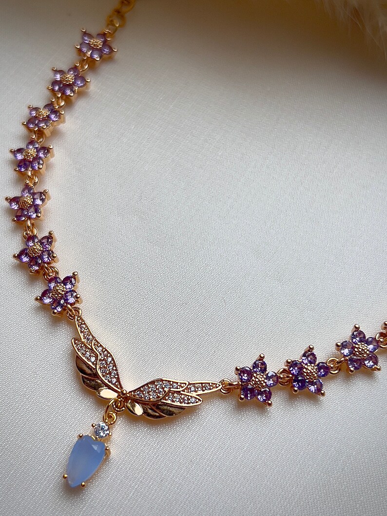 Angelic Pink Flower Choker Necklace, Gold Feathered Angel Wings Choker ...