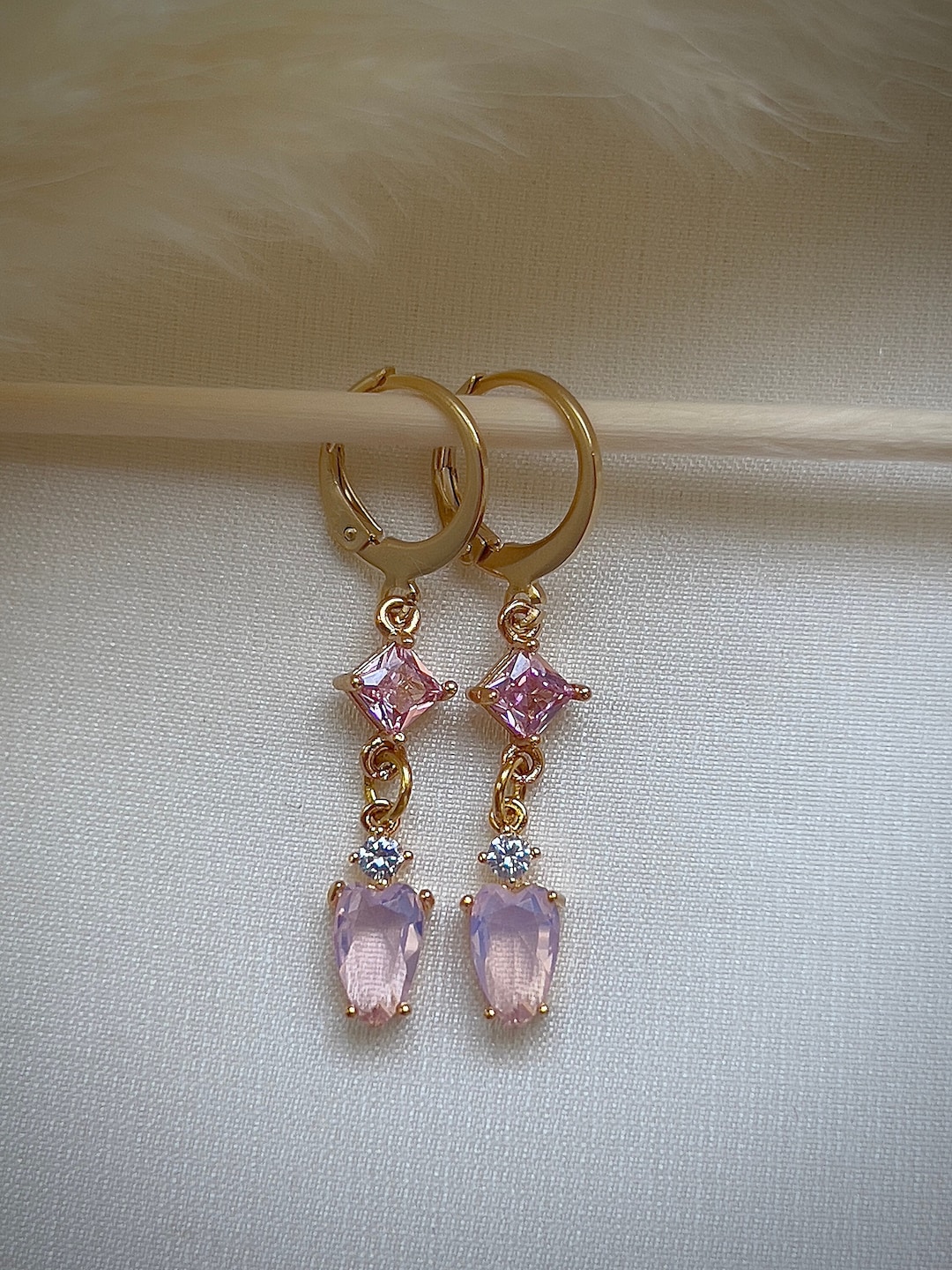 Light Pink Diamond Hoop Earring, Dainty Angelic Gold Fairycore Huggies ...