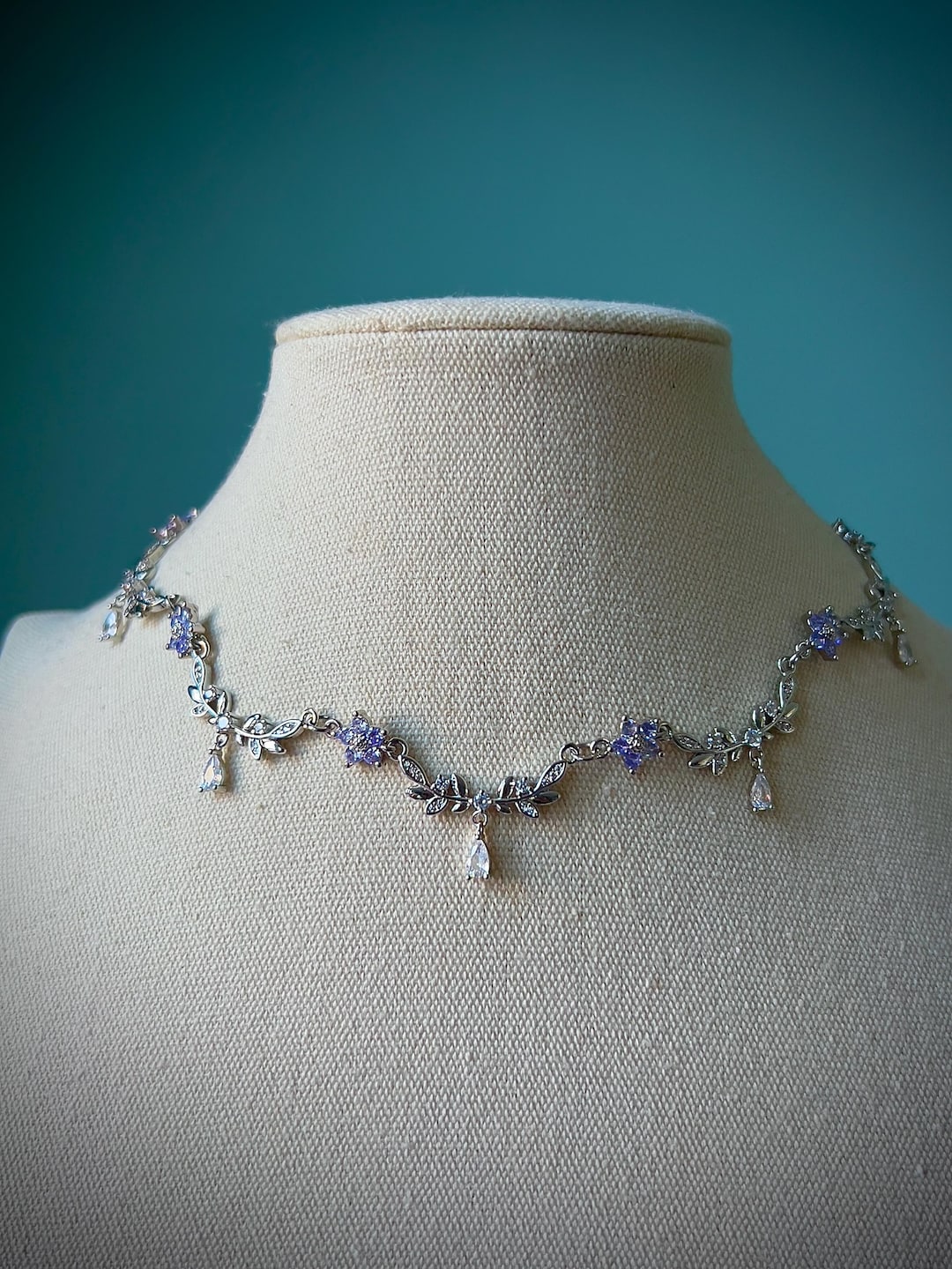 Silver Teardrop Purple Flower Choker Necklace, Elegant Angelic Regal ...