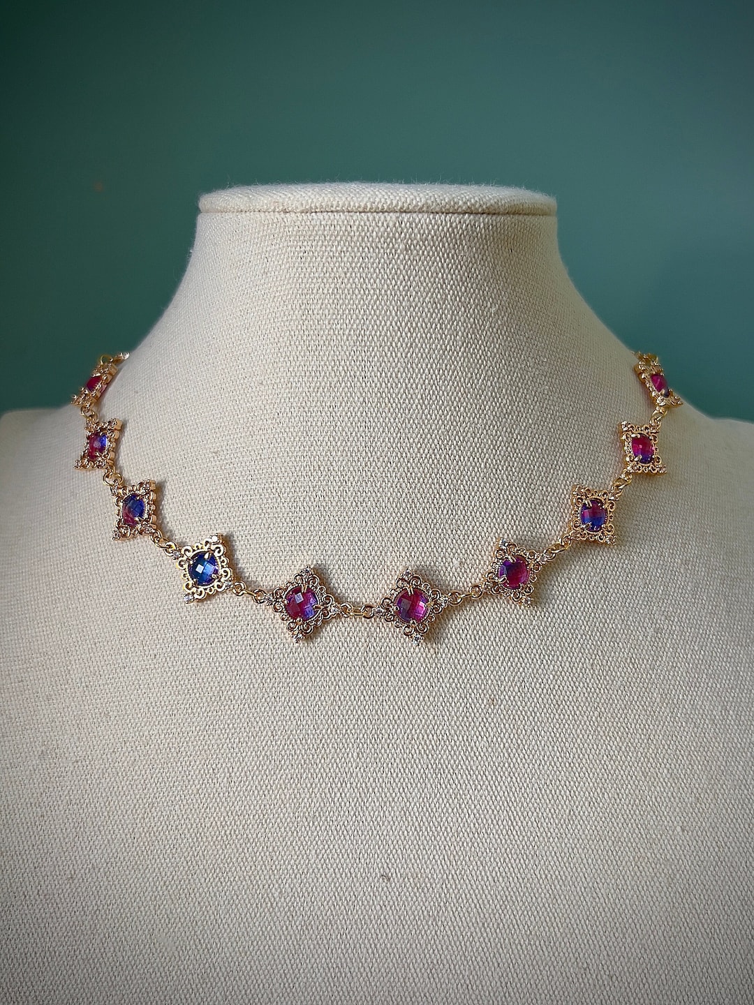 Mixed Pink Blue Diamond Choker Necklace, Elegant Regency Gold Historic ...