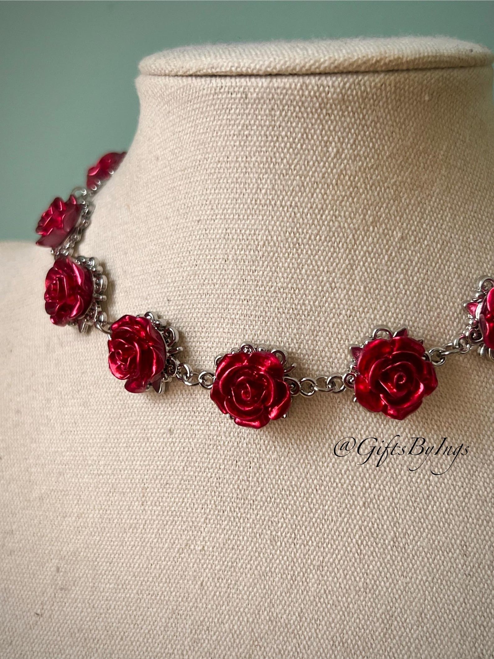 Red Rose Flower Silver Choker Necklace, Elegant Medieval Regal Historic ...
