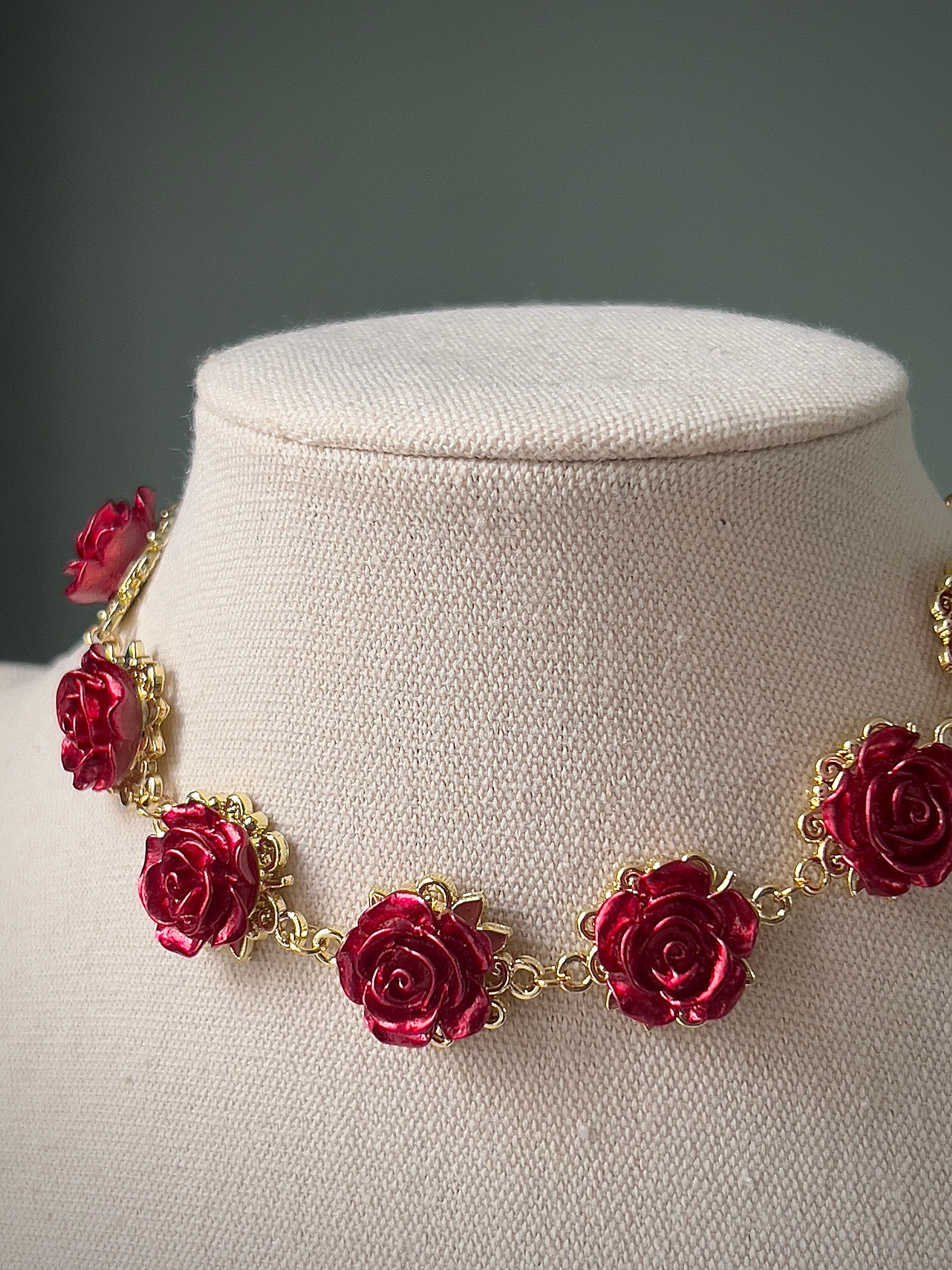 Red Rose Flower Choker Necklace, Elegant Regency Princess Necklace ...