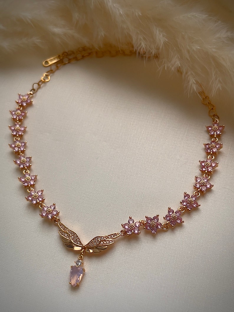 Angelic Pink Flower Choker Necklace, Gold Feathered Angel Wings Choker ...