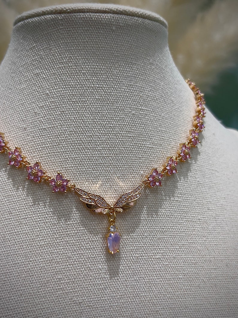 Angelic Pink Flower Choker Necklace Gold Feathered Angel - Etsy