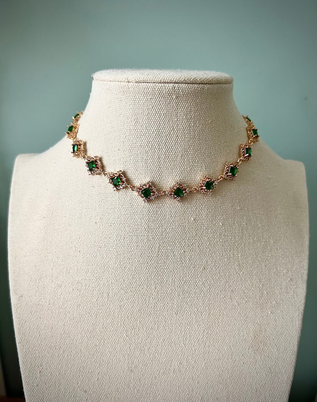Elegant Regal Green Diamond Choker Necklace, Ethereal Fairycore Fantasy ...