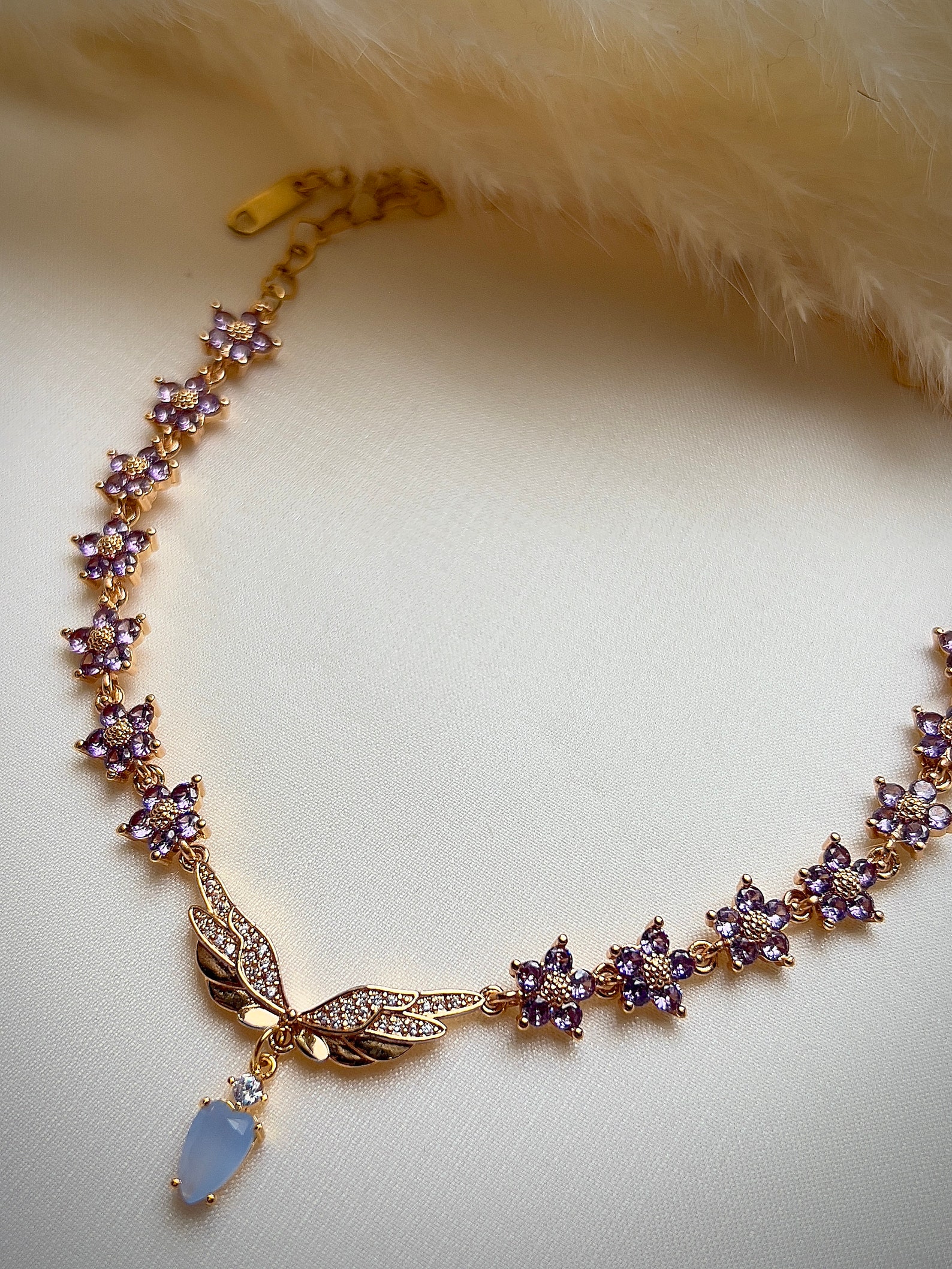 Angelic Blue Flower Choker Necklace, Gold Dainty Angel Wings Regency ...