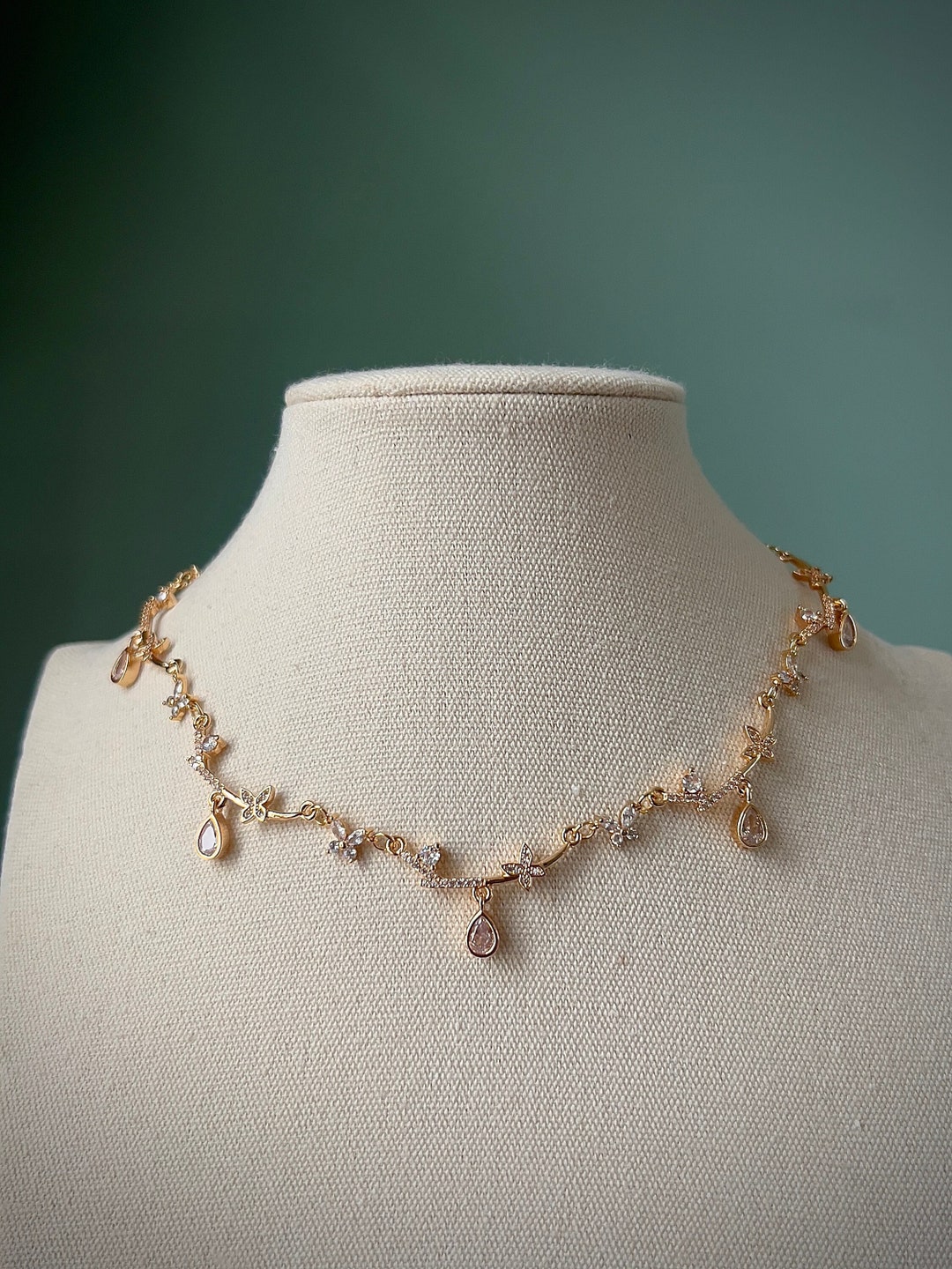 Gold Butterfly Teardrop Choker Necklace, Elegant White Bride Jewellery ...