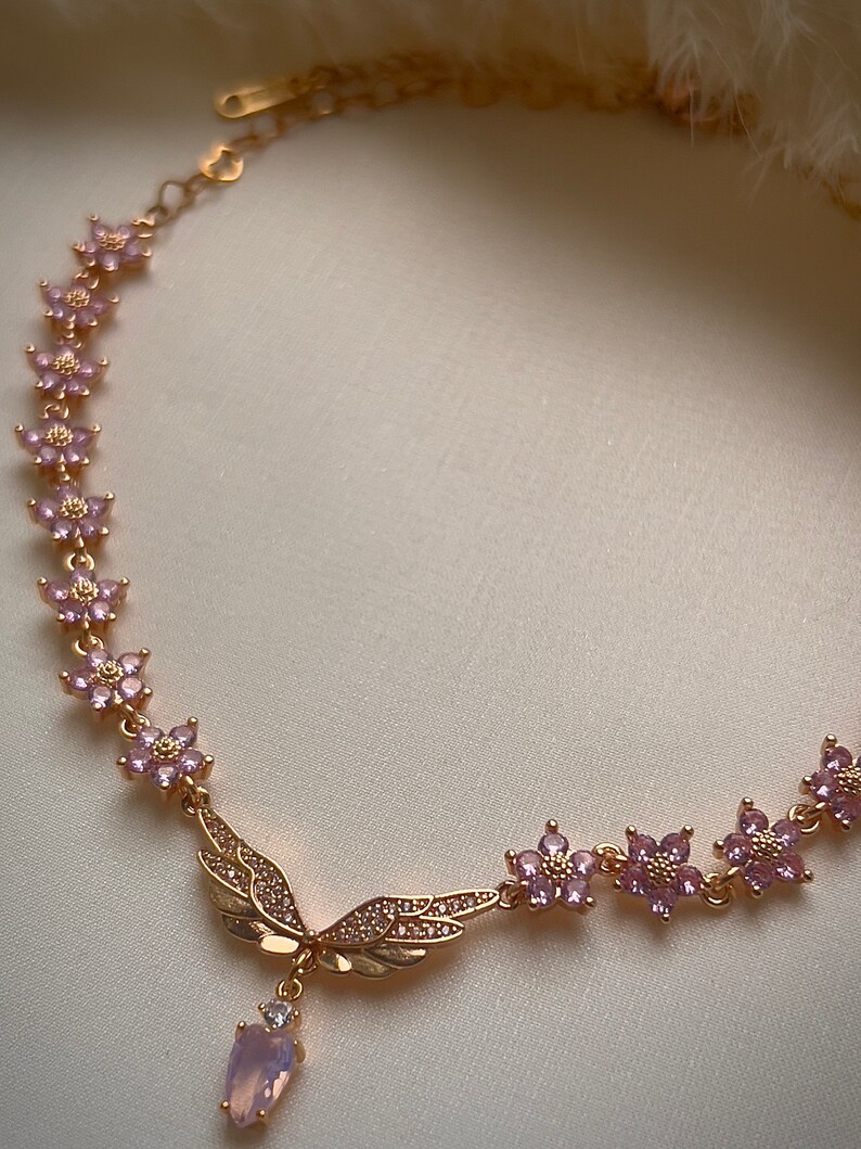Angelic Pink Flower Choker Necklace, Gold Feathered Angel Wings Choker ...