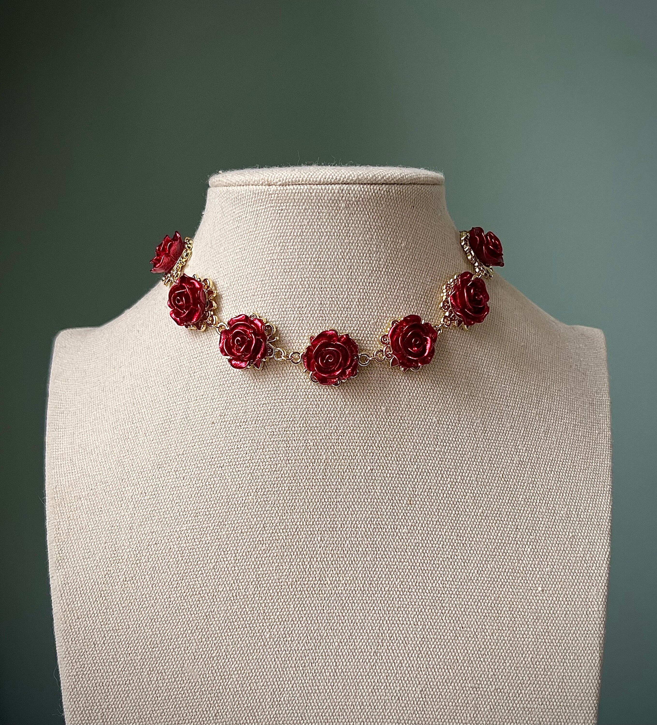 Red Rose Flower Choker Necklace, Elegant Regency Princess Necklace ...
