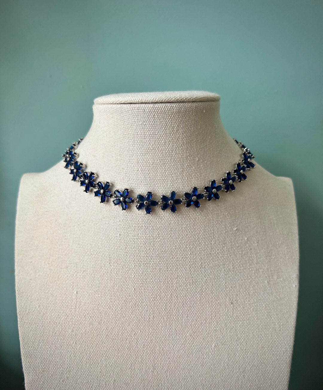 Delicate Navy Blue Flower Silver Choker Necklace, Beautiful Sparkly ...