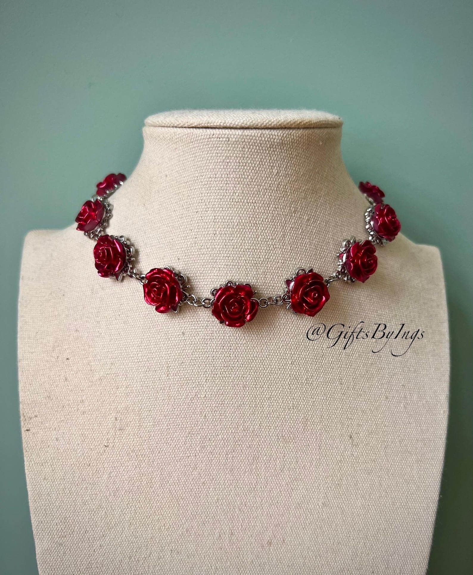 Red Rose Flower Silver Choker Necklace, Elegant Medieval Regal Historic ...