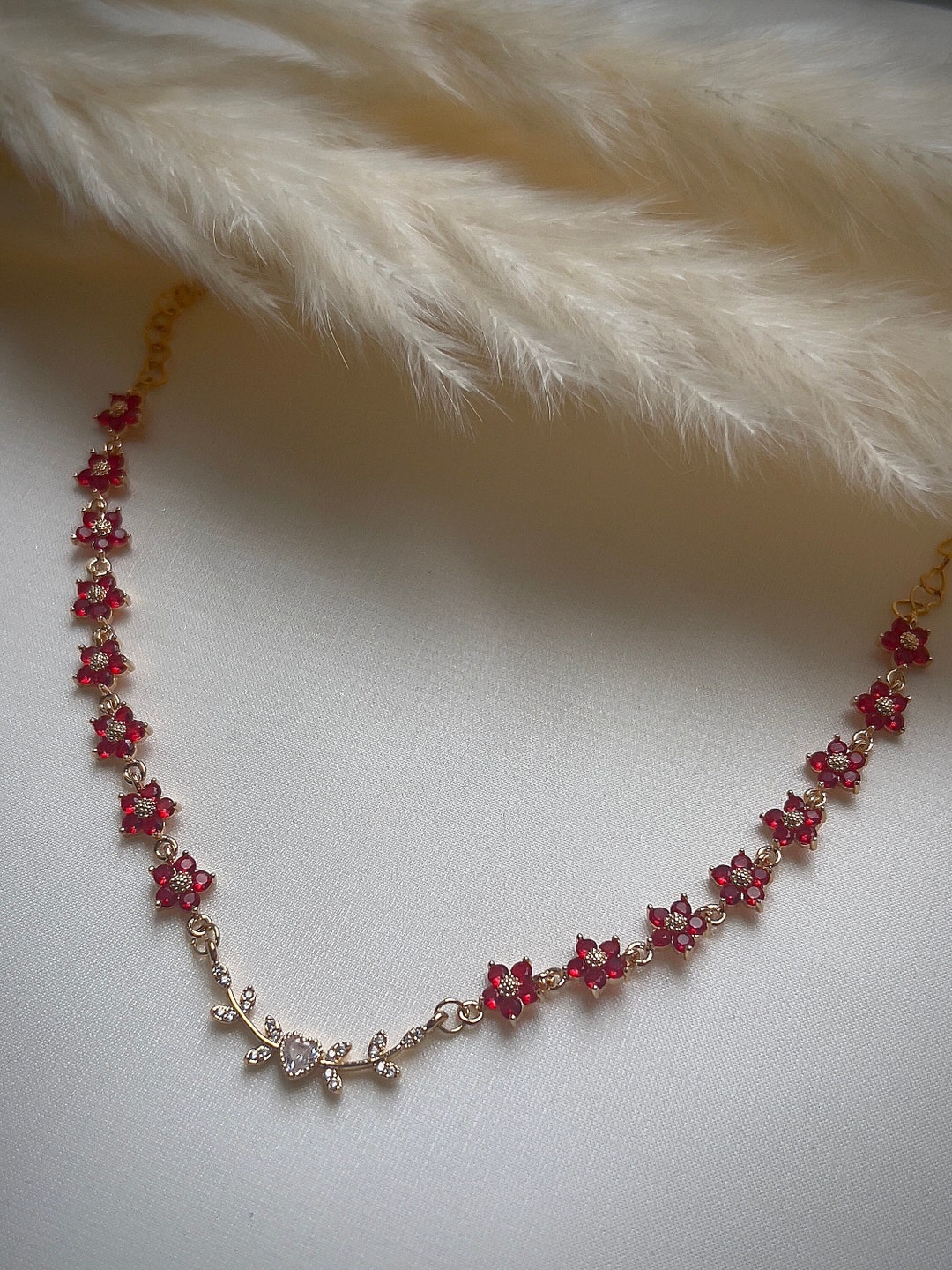 Blushing Red Blossom Heart Choker Necklace, Dainty Floral Fairycore ...