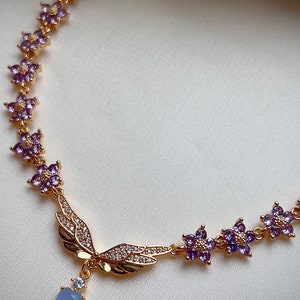 Angelic Blue Flower Choker Necklace, Gold Dainty Angel Wings Regency ...