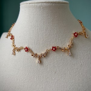 Gold Teardrop Red Flower Choker Necklace, Elegant Ruby Red Regency Jewelry, Royal Delicate Leafy ...
