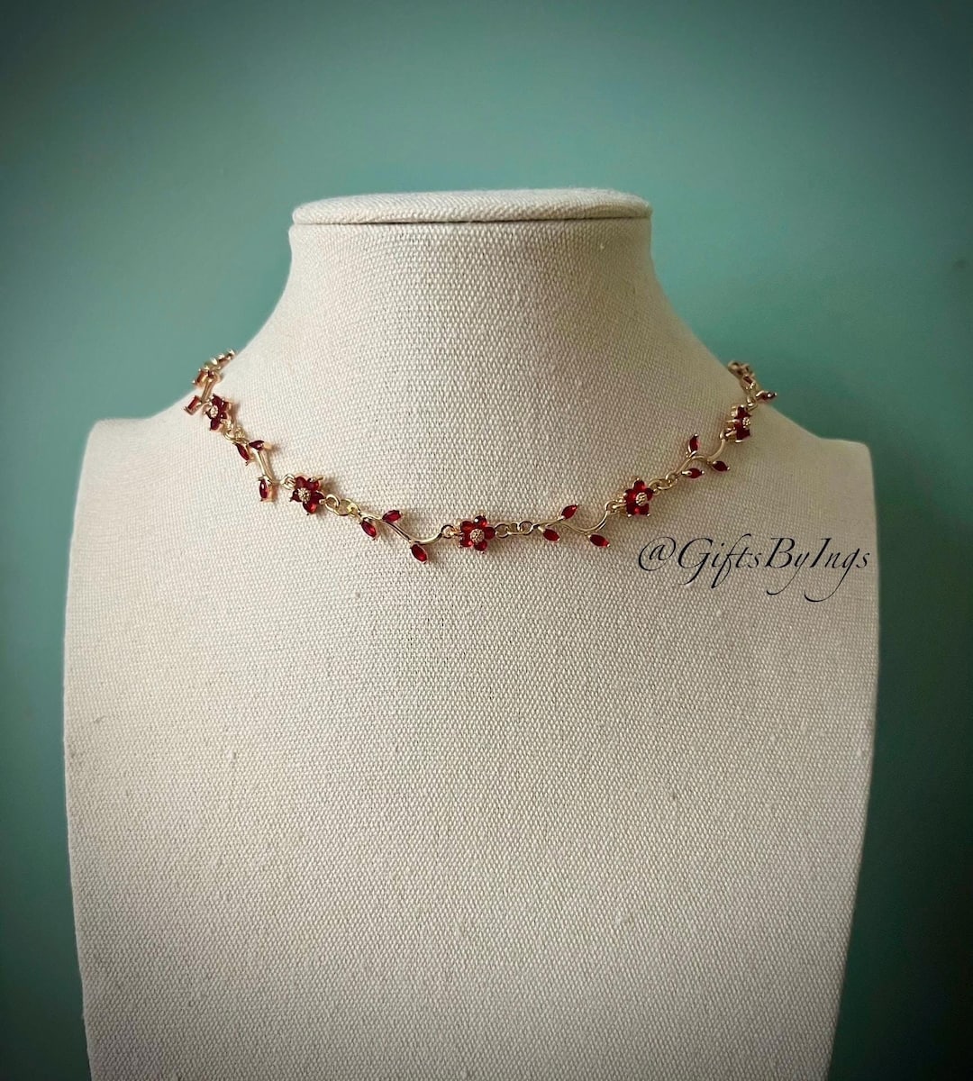 Delicate Ruby Red Leafy Vine Floral Choker Necklace, Histroic Tudor ...