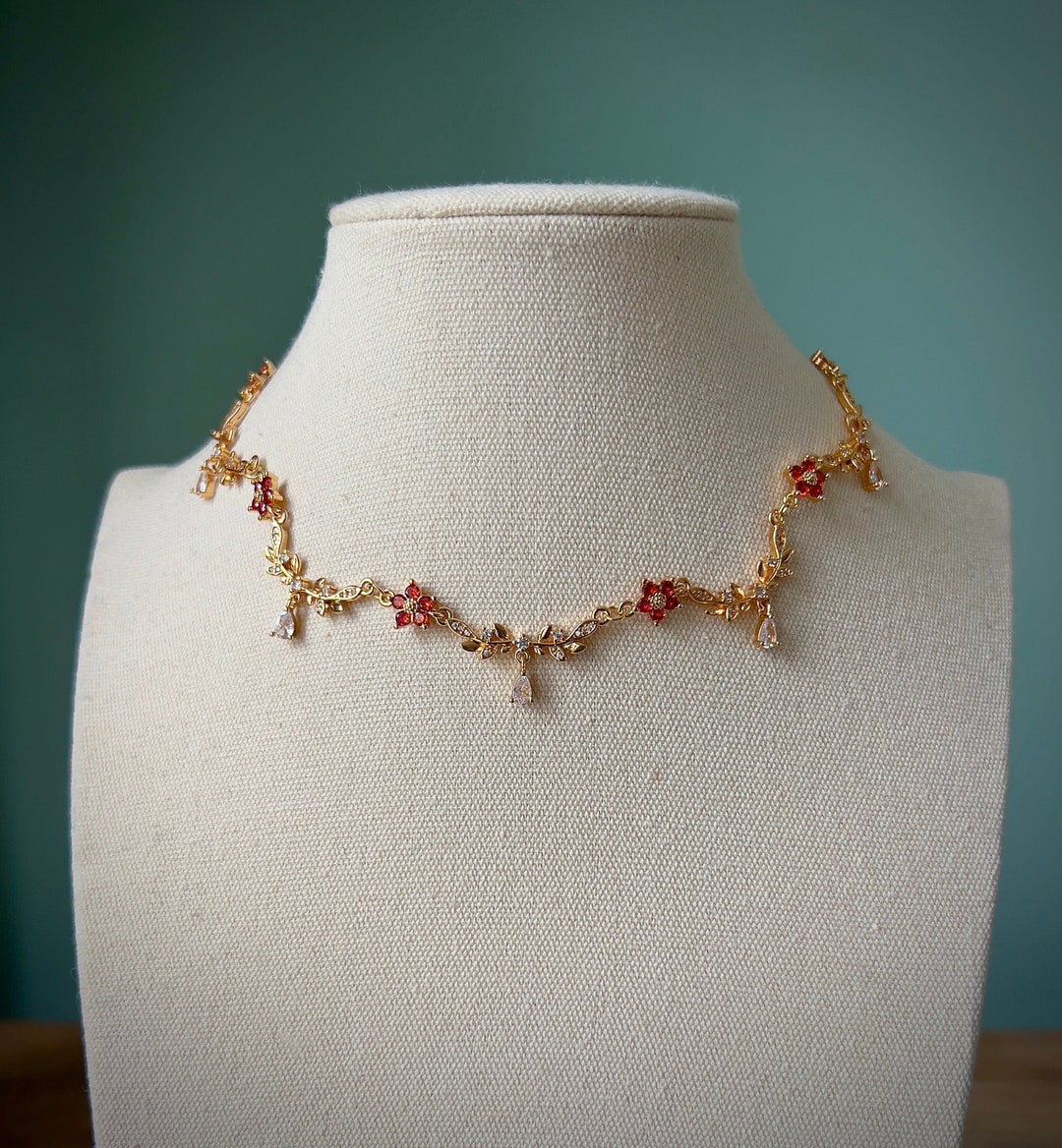 Gold Teardrop Orange Flower Choker Necklace, Elegant Regency Summer ...