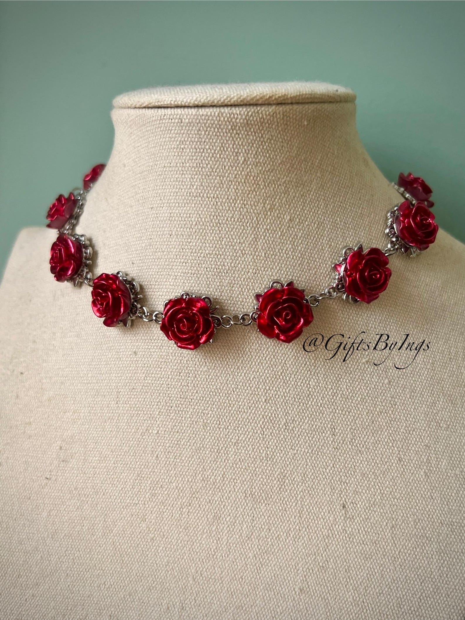 Red Rose Flower Silver Choker Necklace, Elegant Medieval Regal Historic ...